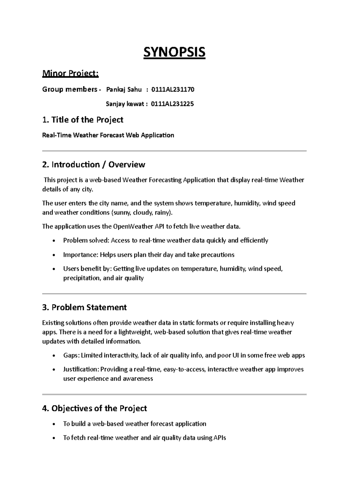 SYNOPSIS Minor Project: Weather Forecast Web App Overview and ...
