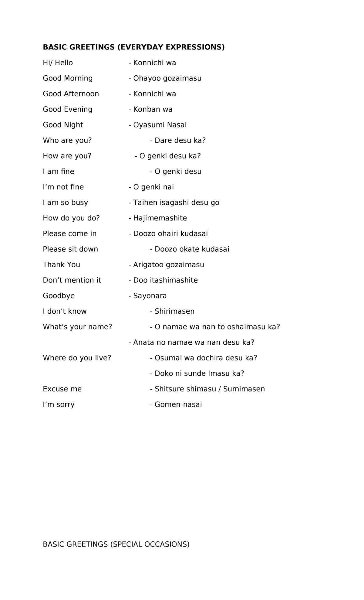 BASIC GREETINGS & EXPRESSIONS FOR SPECIAL OCCASIONS - Studocu