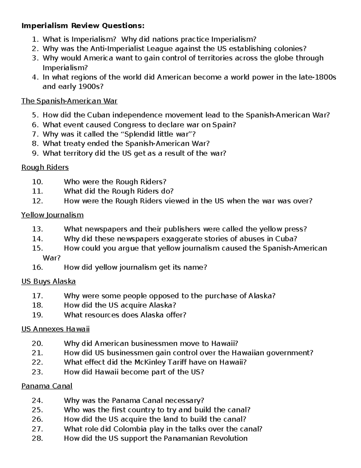 Imperialism Review Questions - What is Imperialism? Why did nations ...