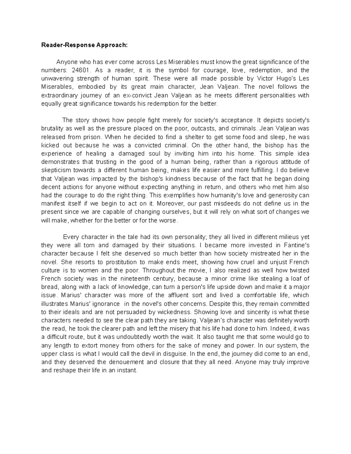 Reader-Response Essay on Les Miserables: Exploring Redemption and ...