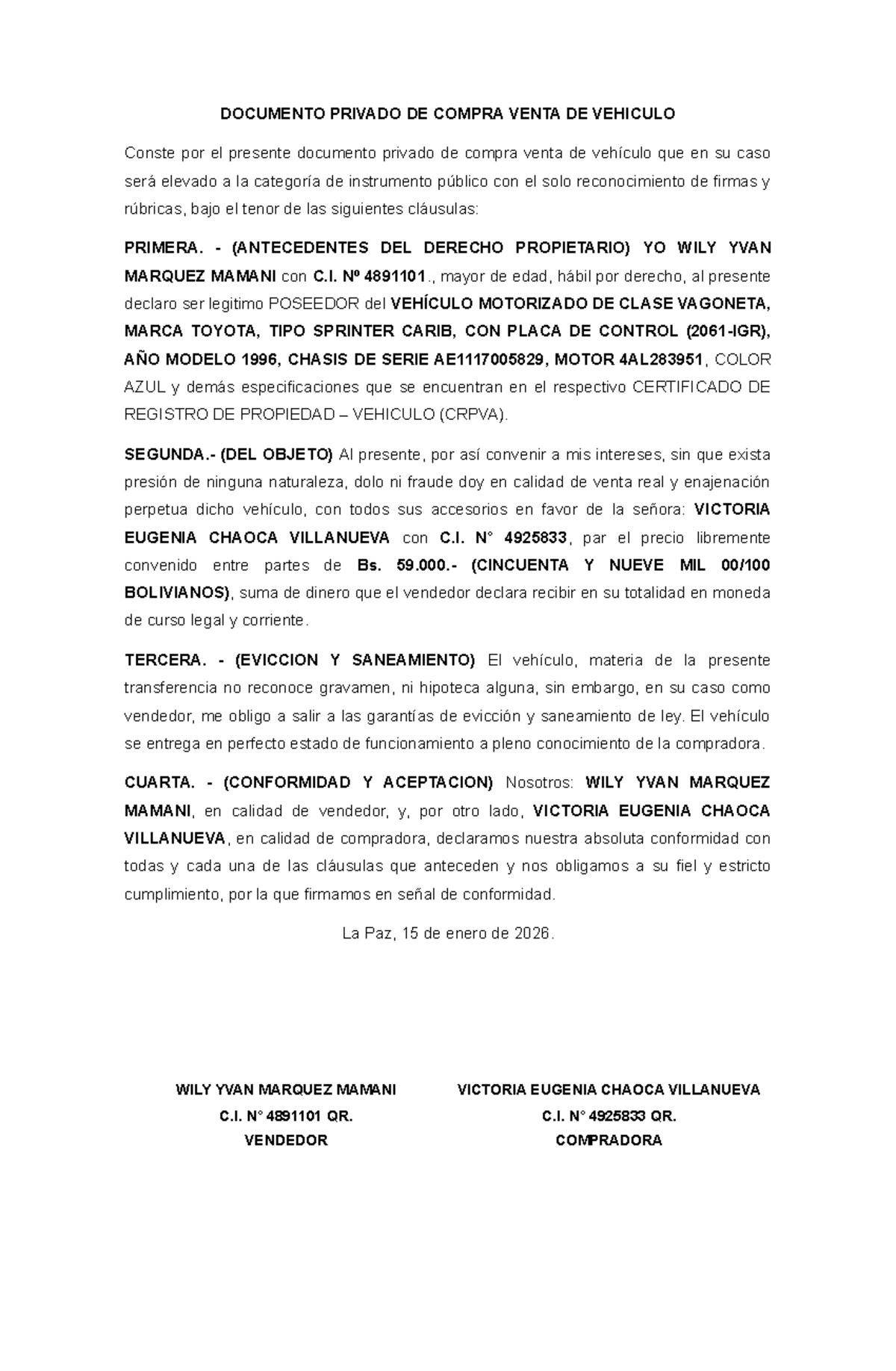 Documento Privado de Compra-Venta de Vehículo - 2026 - Studocu