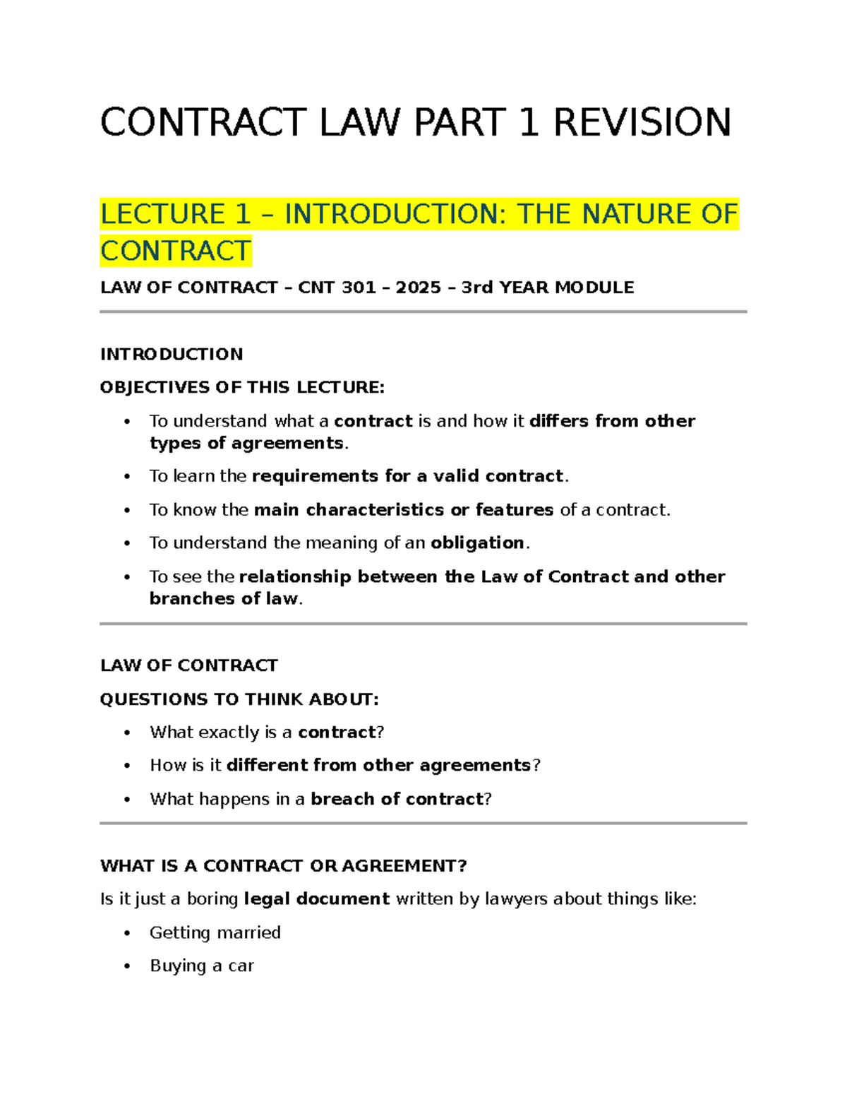 CNT 301 CONTRACT LAW PART 1 LECTURE 1: INTRODUCTION TO CONTRACTS - Studocu
