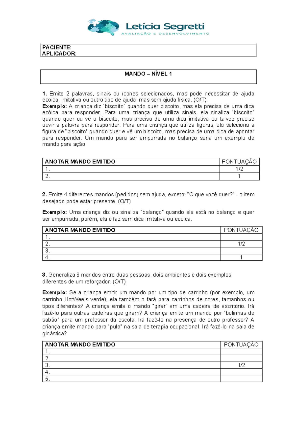 VB MAPP - Mando Nível 1 a 3: Análise e Registro de Mandos - Studocu