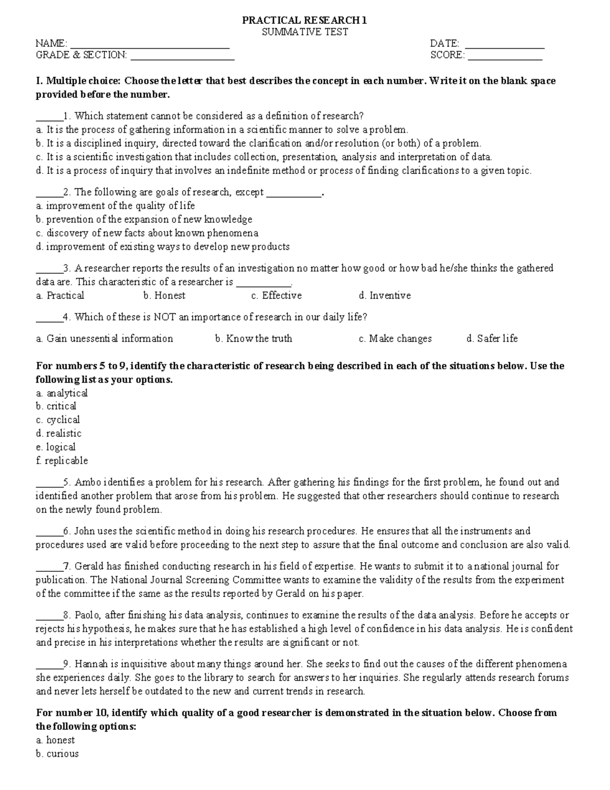 PR1 - Practical Research 1 Summative Test Questions and Answers - Studocu