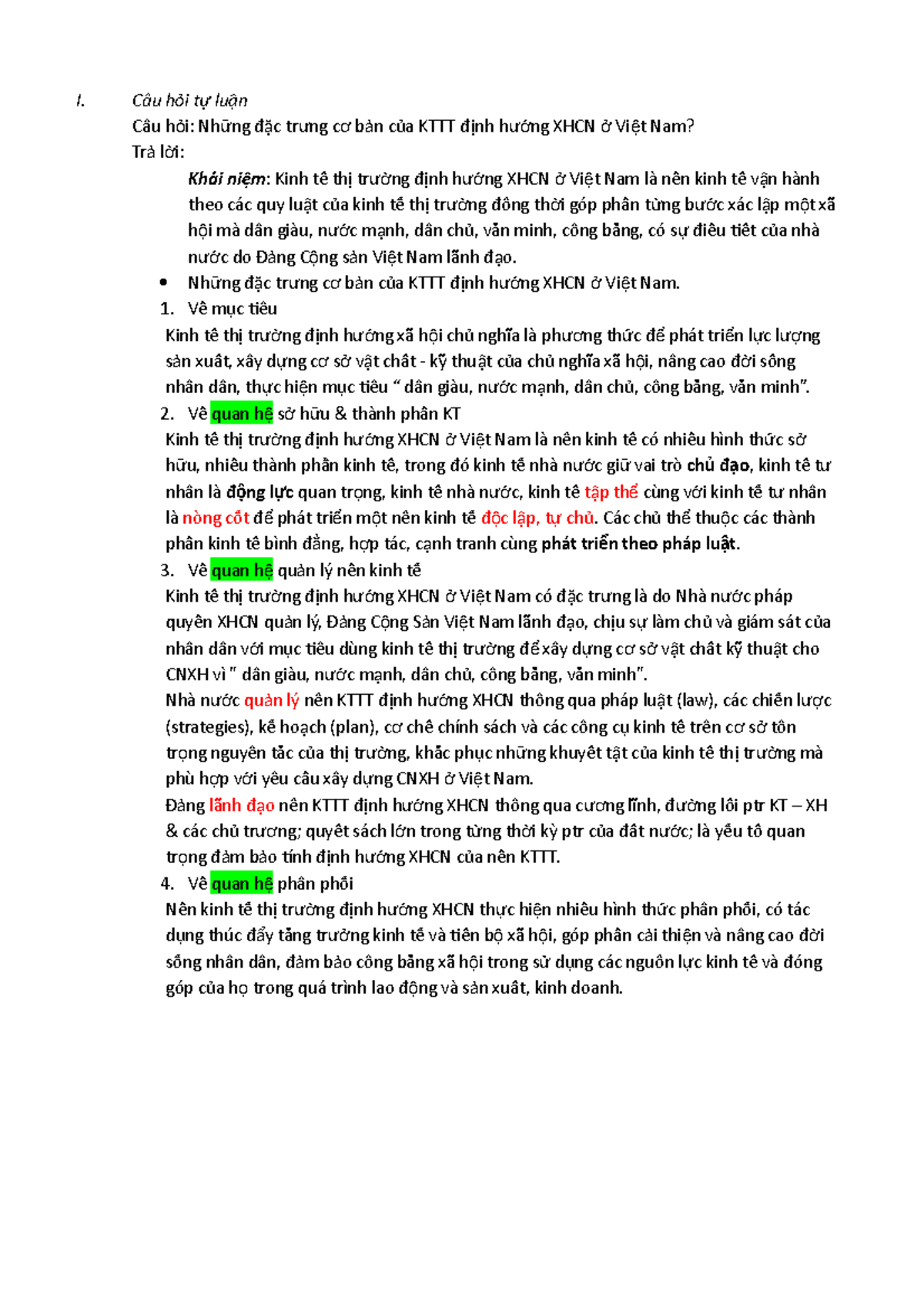 KTCT cuoiki - Câu hỏi tự luận - Iâu hi t lun ỏựậ Câu h i: Nh ng đ c tr ng c b n c a KTTT đ nh h ...