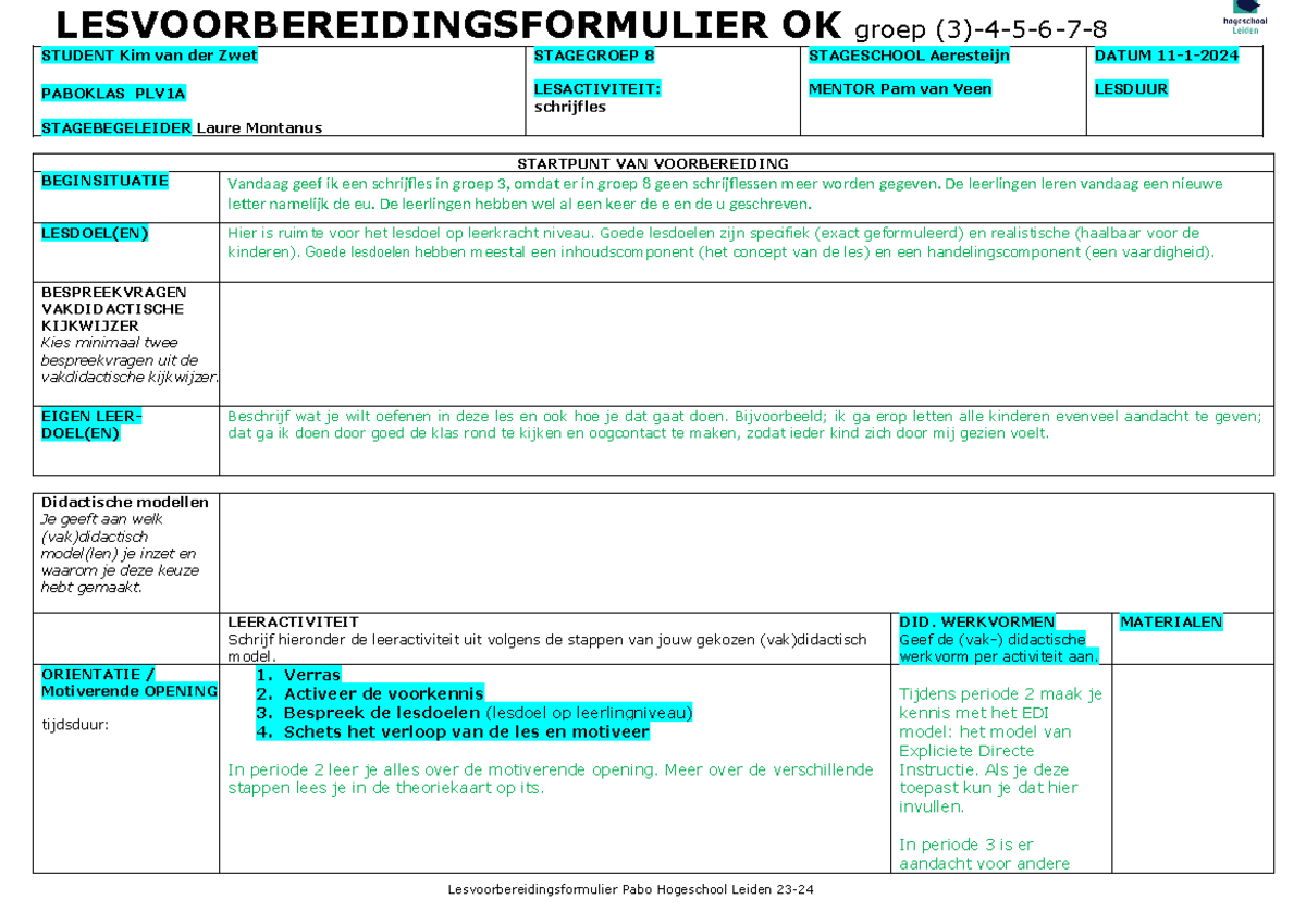 LVF Periode 2 - Schrijfles in Groep 3 - PABOKLAS PLV1A - Studeersnel