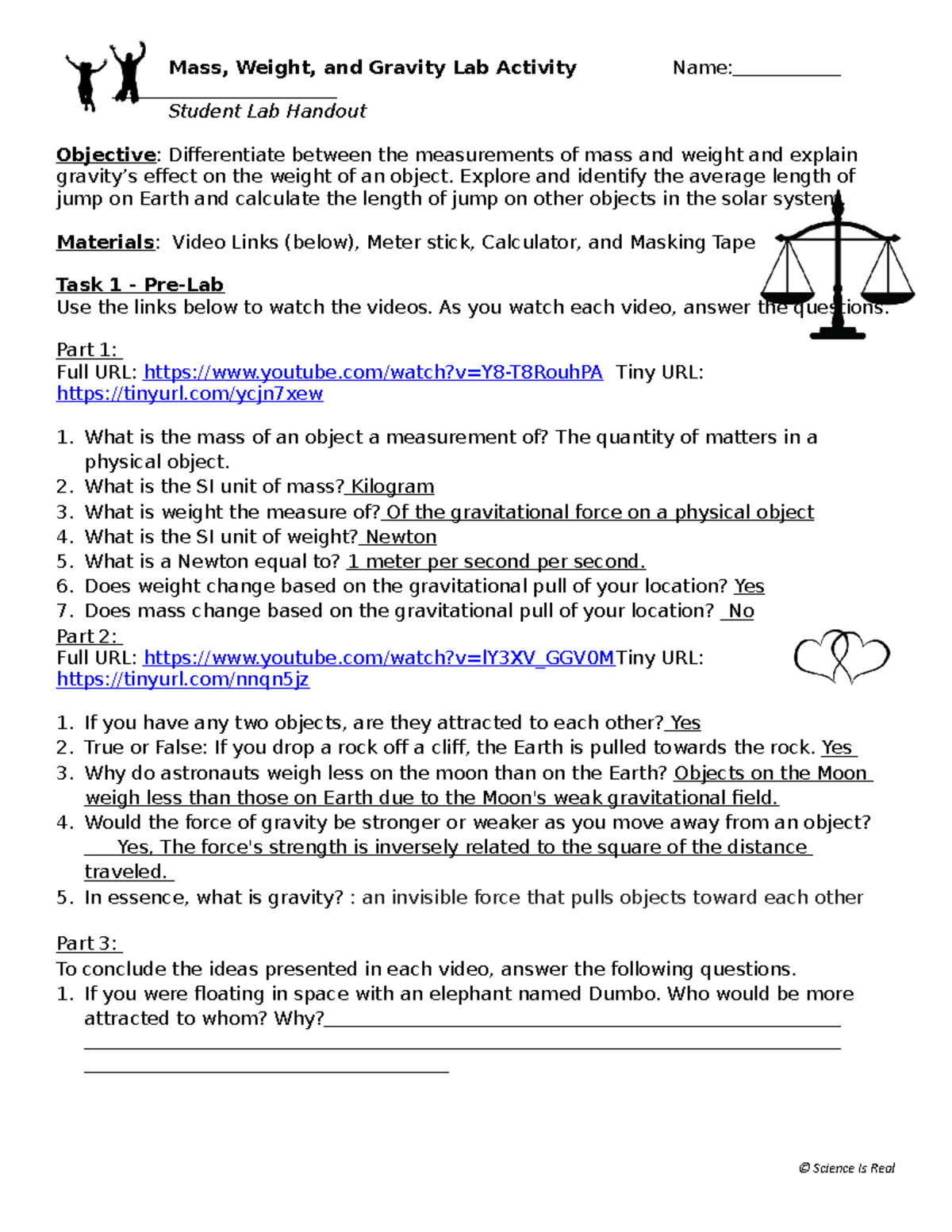 V2 Student Handout Mass Weight Gravity Jump Lab - Mass, Weight, and ...