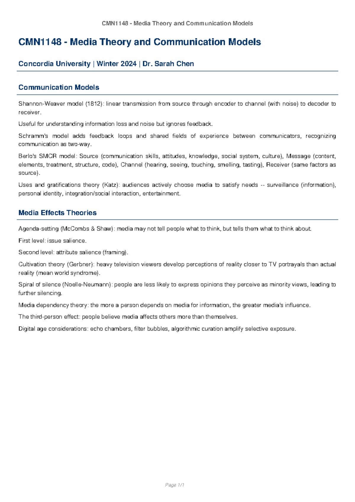CMN1148 Study Notes: Media Theory & Communication Models - Studocu