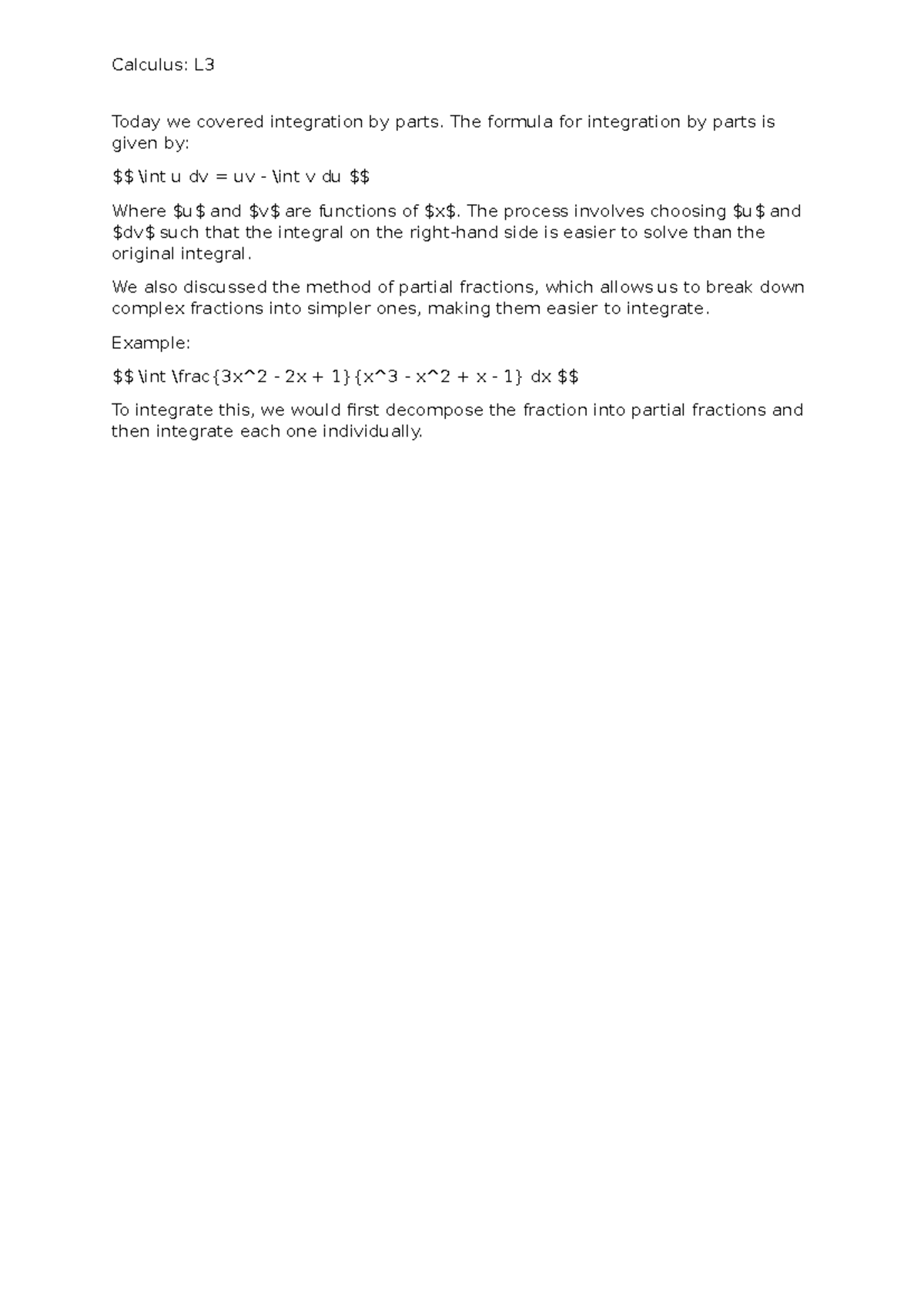 Integration by Parts - Calculus: L Today we covered integration by ...