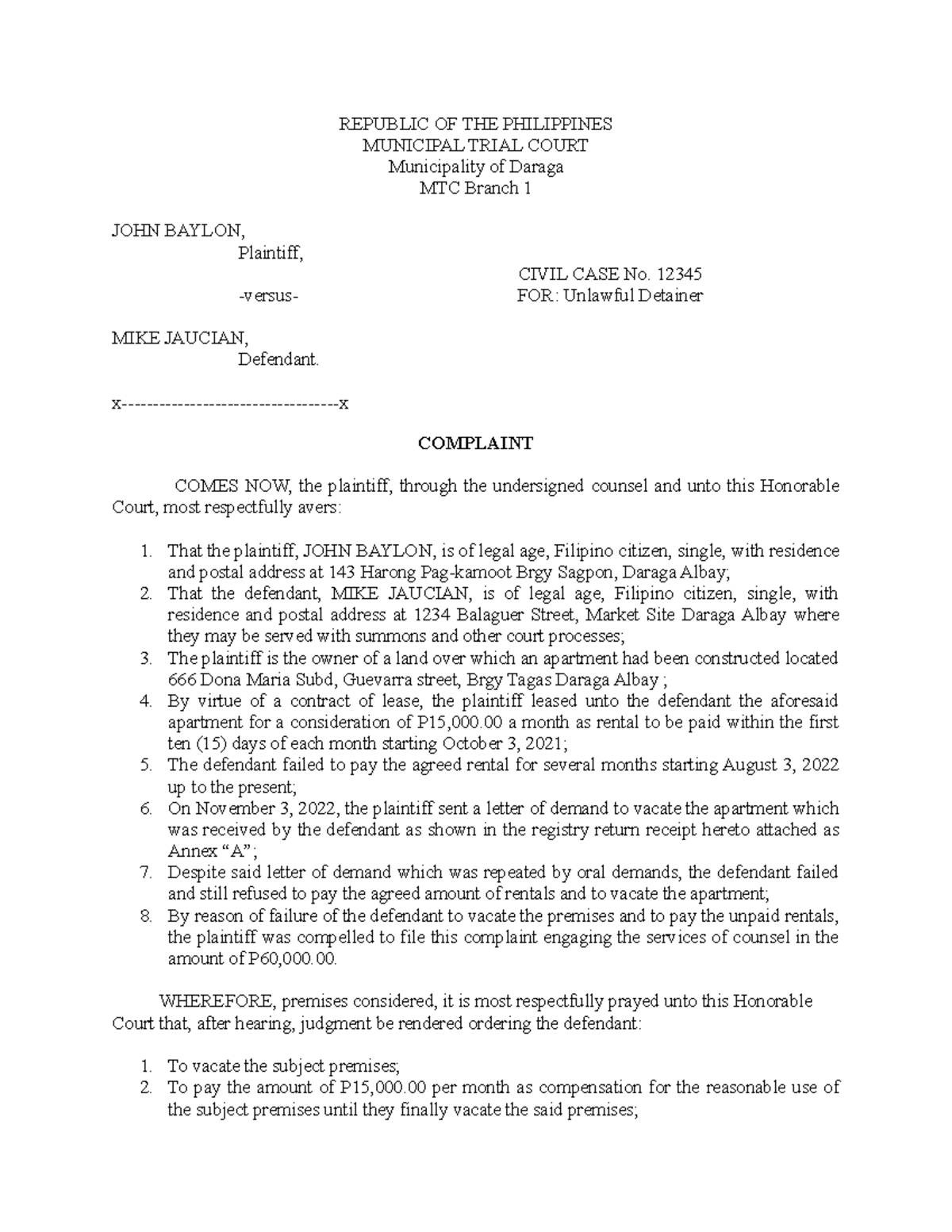 Unlawful Detainer Complaint - CIVIL CASE No. 12345 Sample Document ...