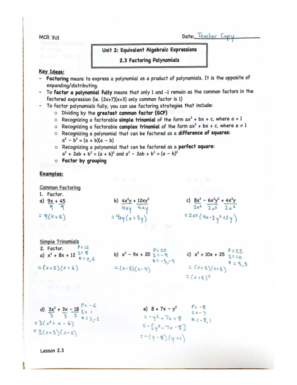 MCR 3U1 Lesson 2.3: Key Concepts in Factoring Polynomials - Studocu