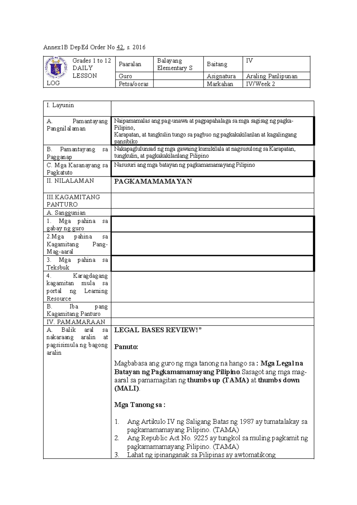 DepEd DLP Template: Araling Panlipunan Grade 4 Lesson Plan - Studocu