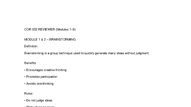COR 002 REVIEWER: Brainstorming & Graphic Organizers Overview - Studocu