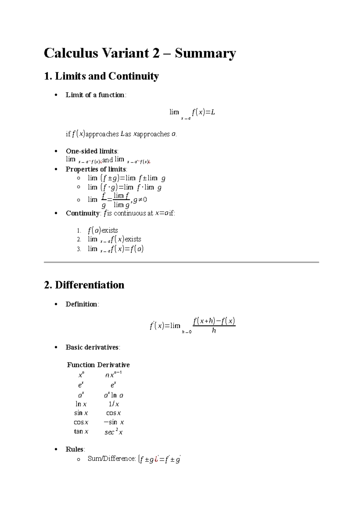 Calculus V2 Summary: Limits, Derivatives, and Integrals - Studeersnel