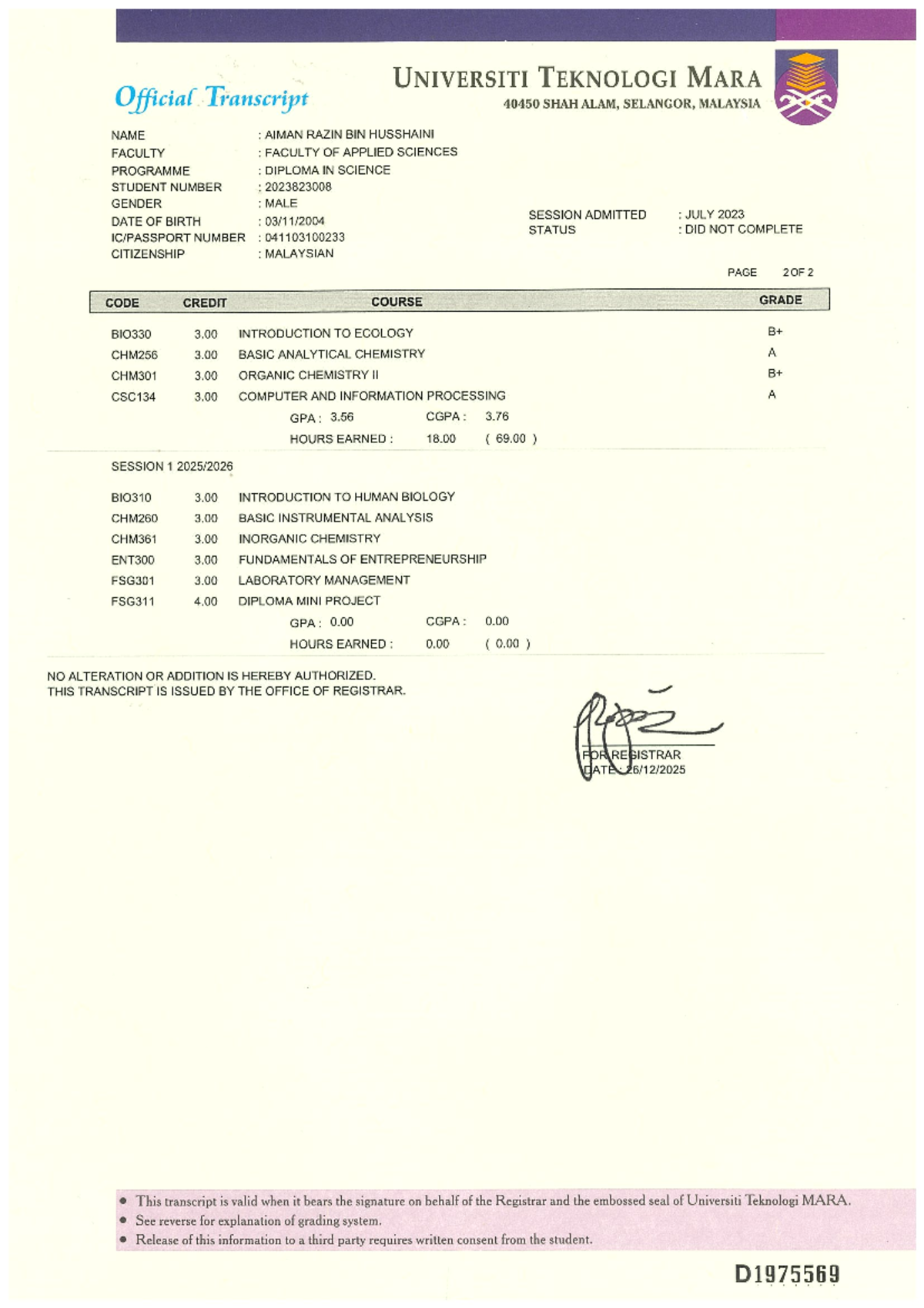 UNIVERSITI TEKNOLOGI MARA Transcript for Aiman Razin - 40450 - Studocu
