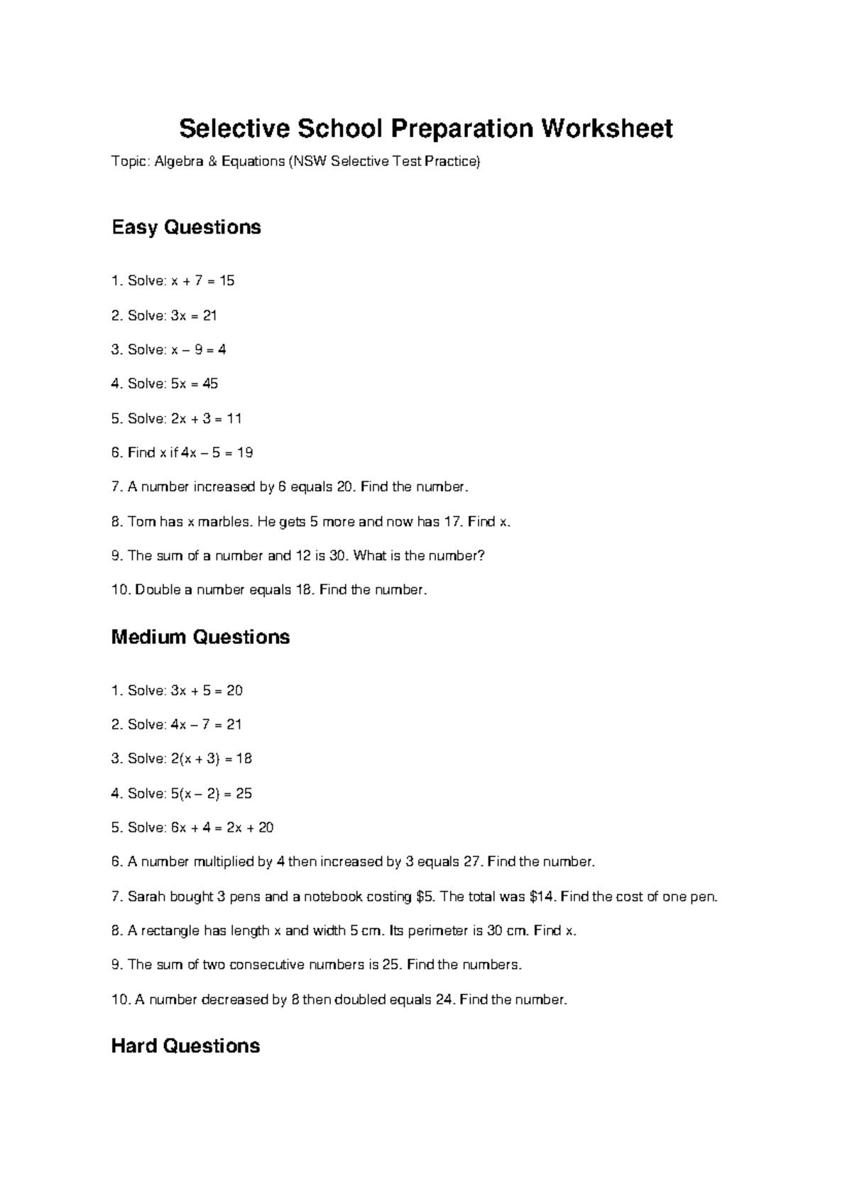NSW Selective Test Prep: Algebra Equations Worksheet - Studocu