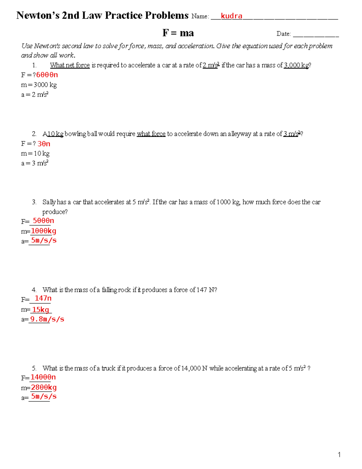 Honors Physics: Newton's 2nd Law Practice Problems Answer Key - Studocu
