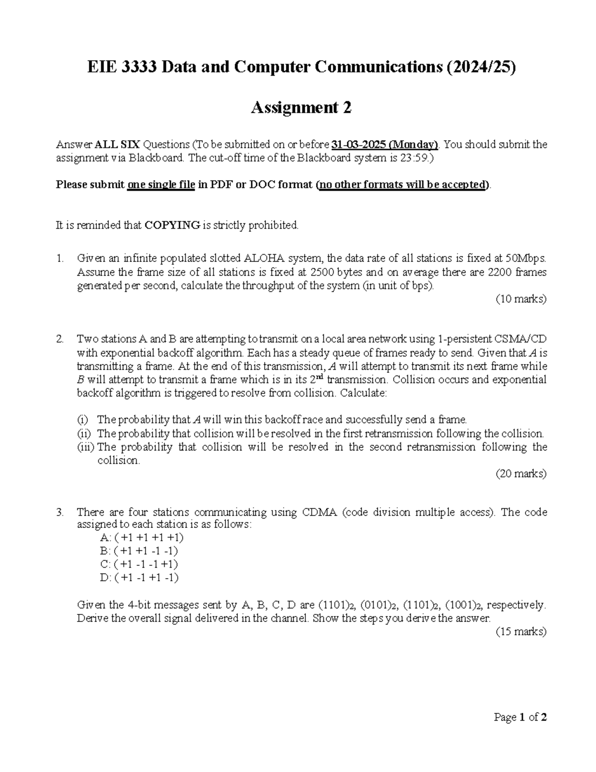 EIE 3333-Assignment 2: Data & Comm. Comms. (2024/25) Guidelines - Studocu