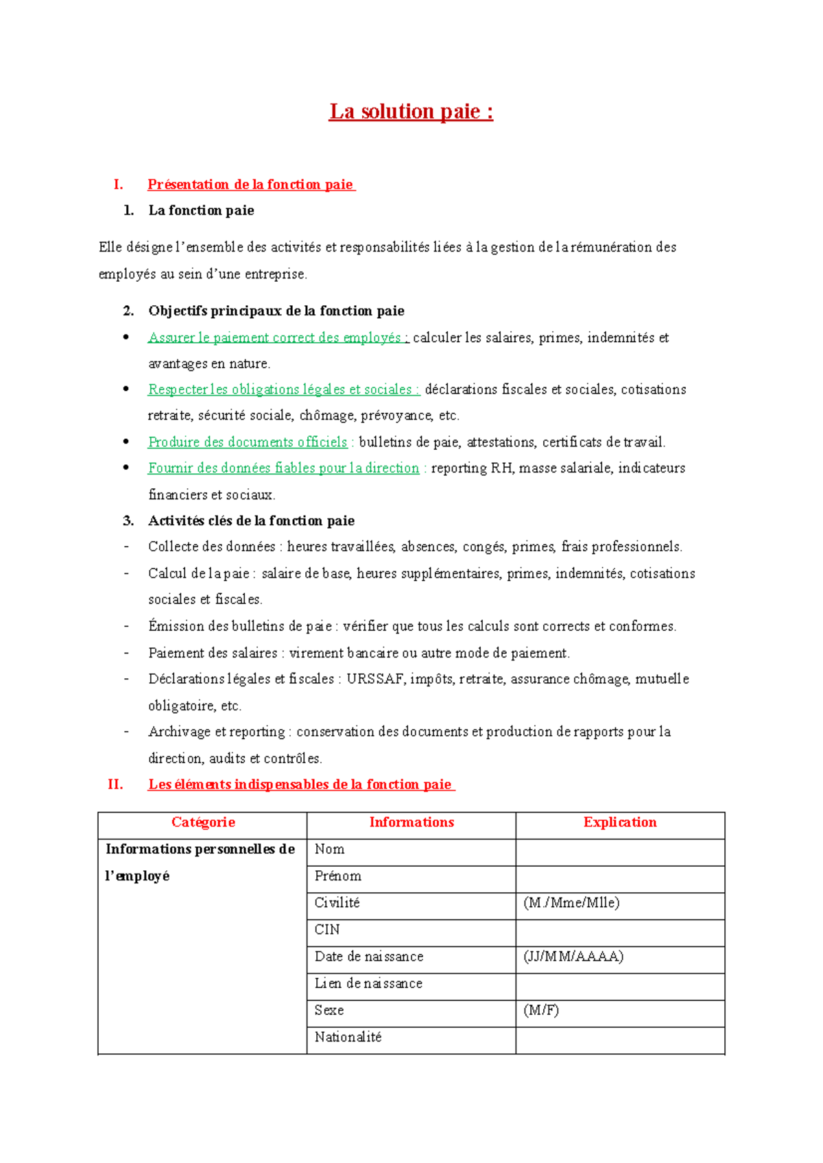 La solution paie : I. Présentation de la fonction paie - Mission - Studocu