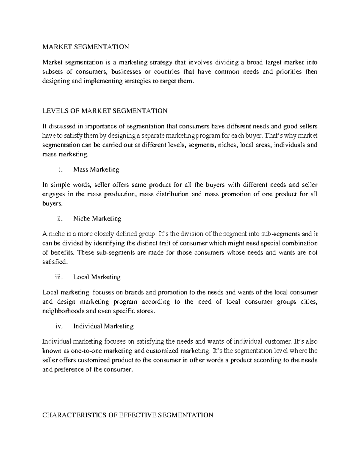 Market Segmentation - good notes - MARKET SEGMENTATION Market ...