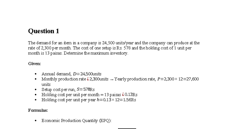 MTH601 Assignment 1: Inventory Management Calculations and Analysis ...
