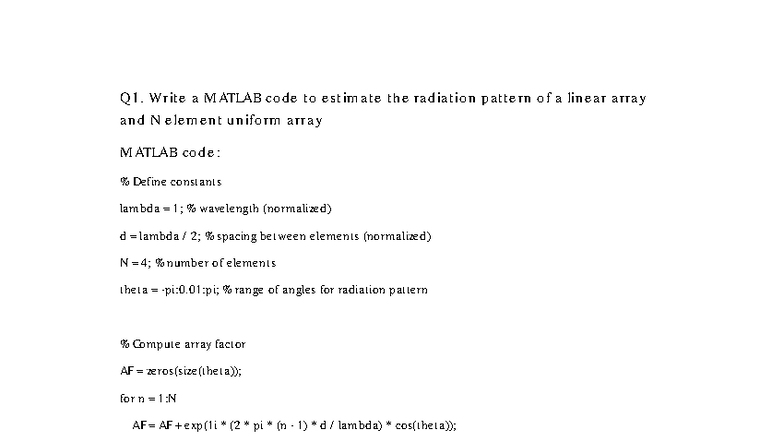 MATLAB Code for Radiation Pattern Estimation in Linear Arrays (Q1 ...