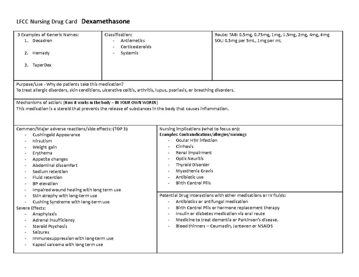 Nursing Drug Card: Dexamethasone Overview and Patient Care Guidelines ...