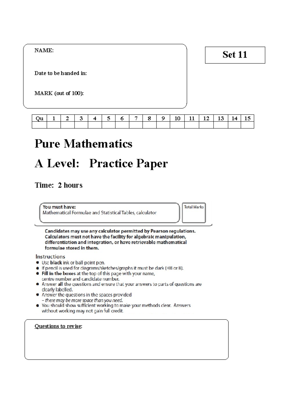 Pure Mathematics A Level: Practice Paper Set 11 - Studocu