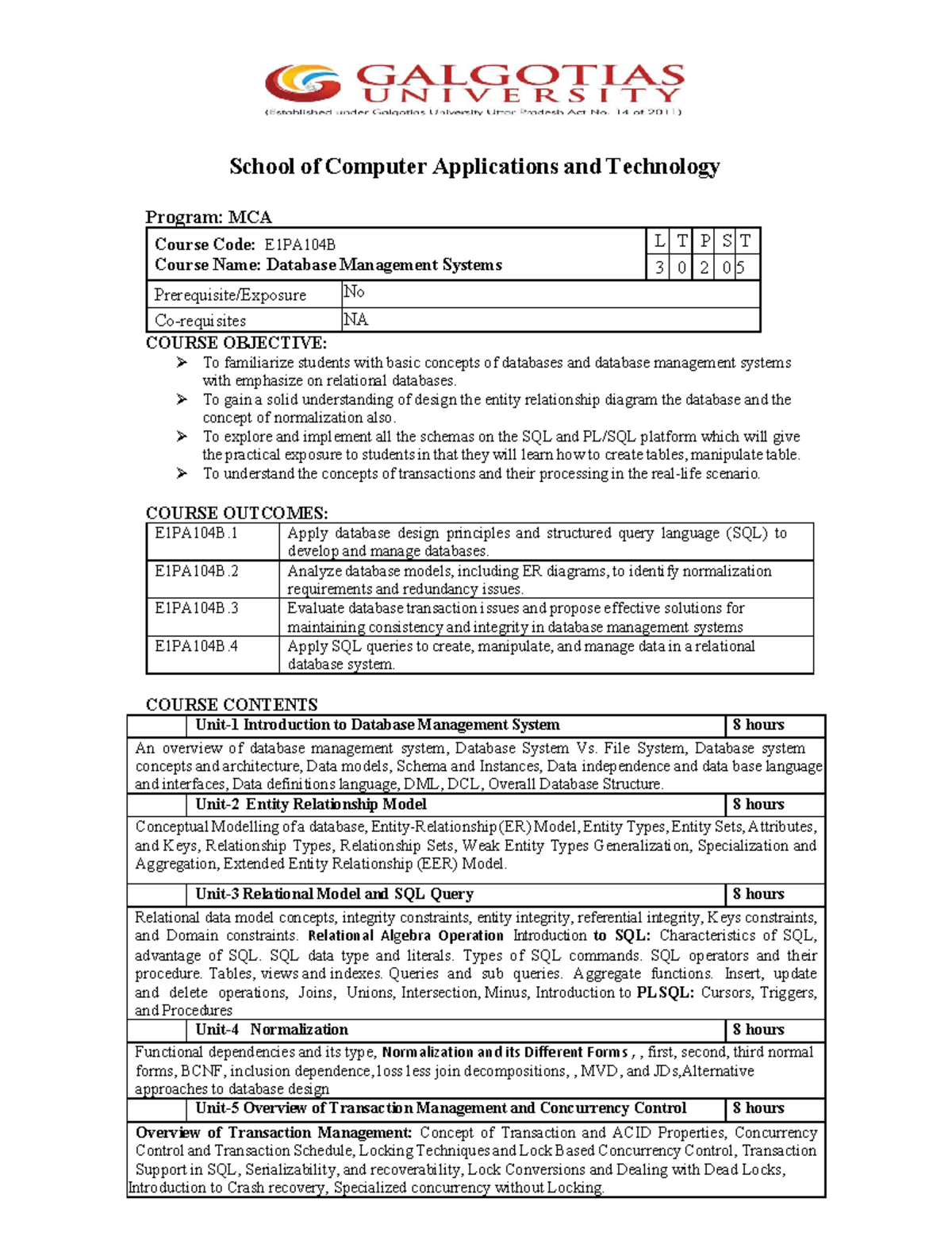 MCA E1PA104B: Database Management Systems Syllabus Overview - Studocu