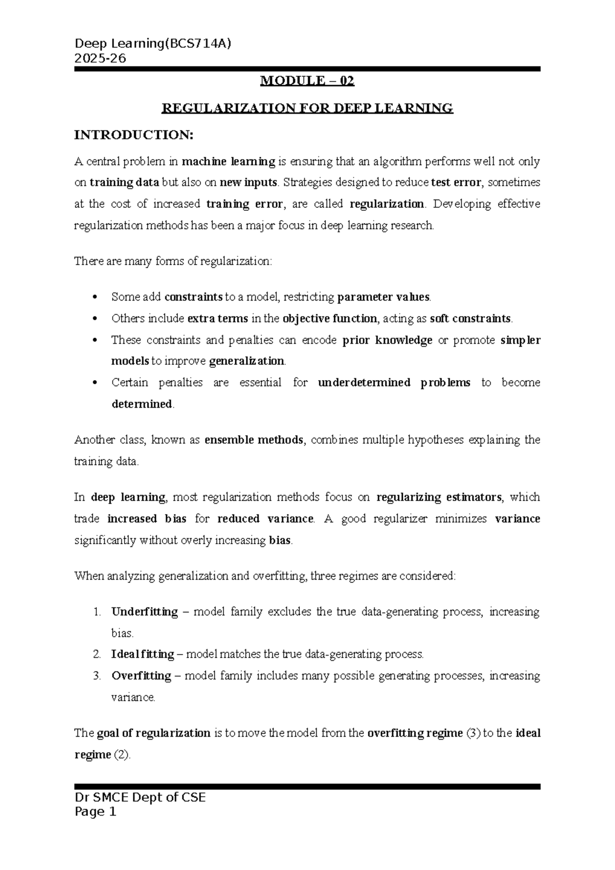 Deep Learning Regularization Techniques (BCS714A) Module 02 Notes - Studocu