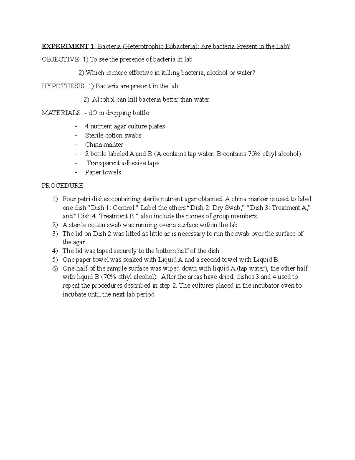 Bio320 - Complete Lab Report on Bacteria and Practical Experiments ...