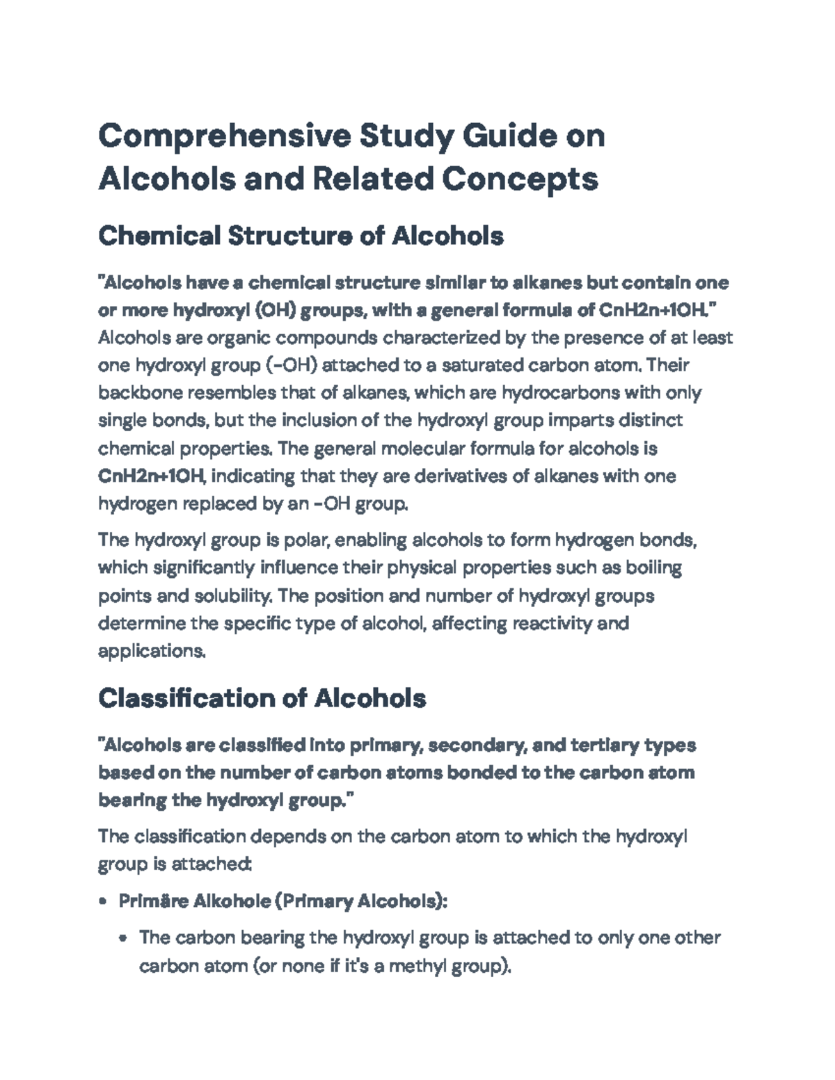 Comprehensive Study Guide on Alcohols: Structure, Types, and Reactions ...