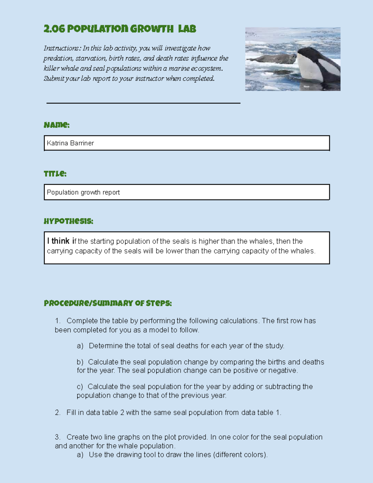 Population Growth Lab Report: Effects of Predation on Seals & Whales ...