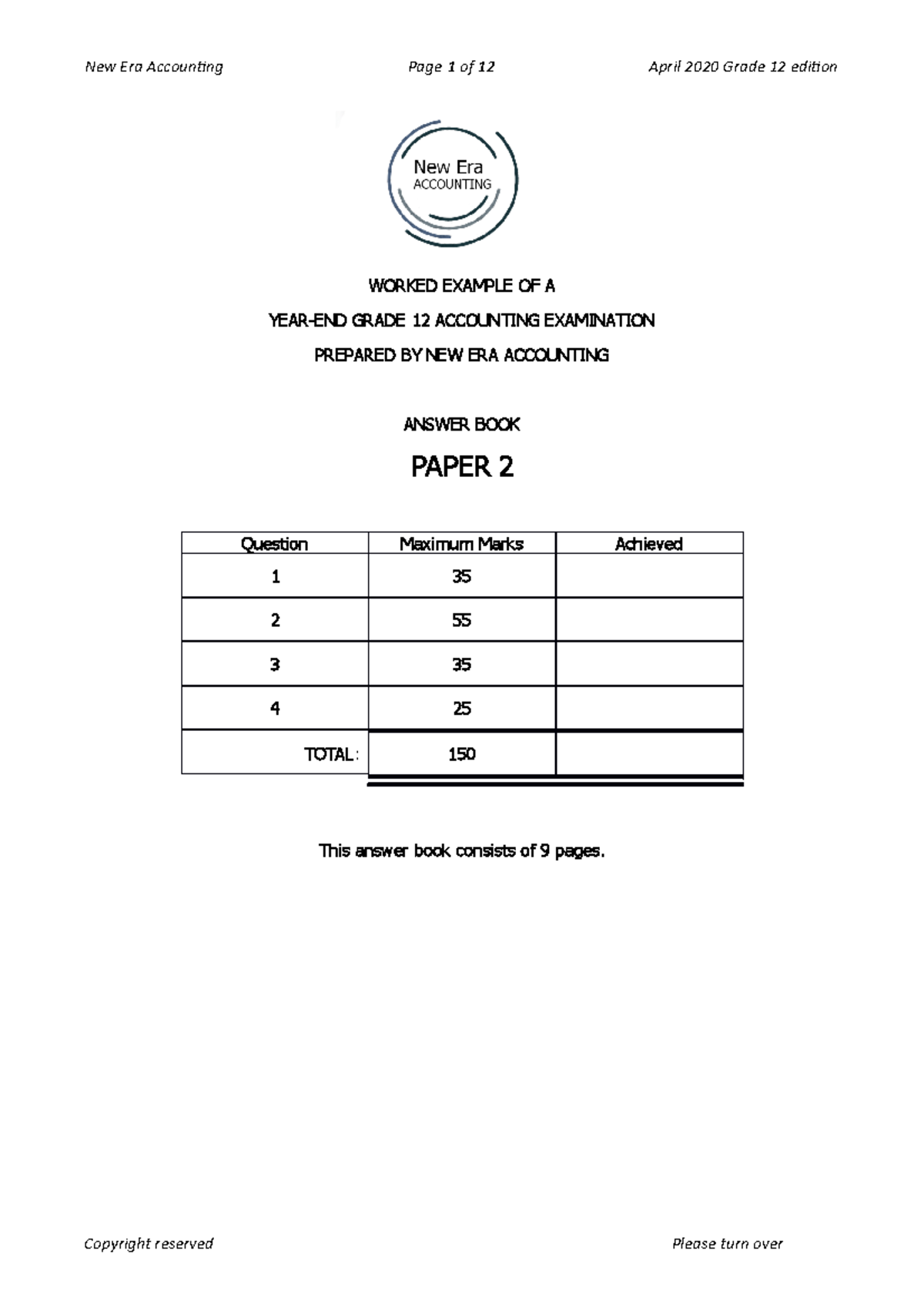 New Era Eng P2 Grade 12 Accounting Exam Answer Book - Studocu