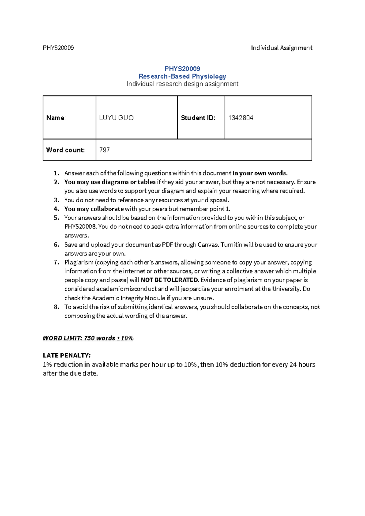 Individual written assignment - PHYS Research-Based Physiology ...