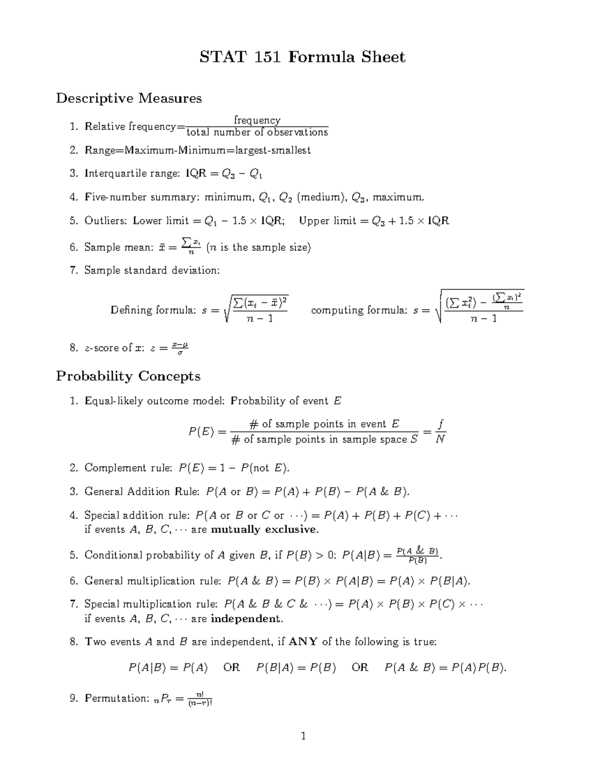 STAT151Formula Sheet - STAT 151 Formula Sheet Descriptive Measures Relative frequency= total ...