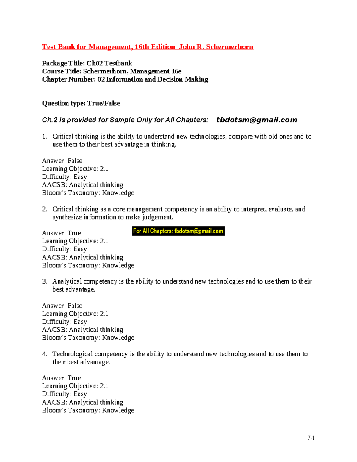 Test Bank for Schermerhorn Management 16e: Chapter 02 - Info & Decision ...