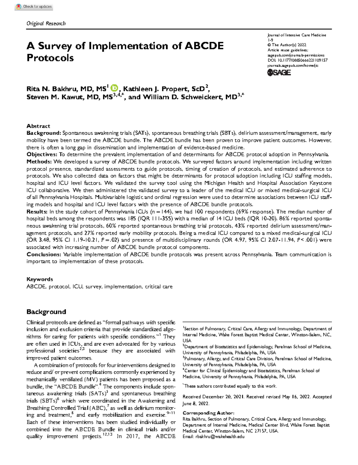 08850666221109157 - Survey of ABCDE Bundle Implementation in PA ICUs ...