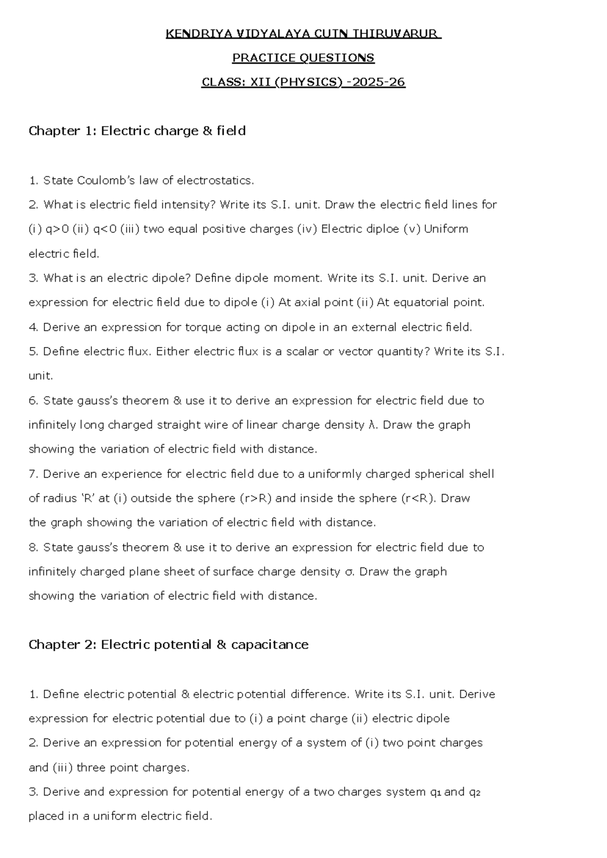 KENDRIYA VIDYALAYA CUTN THIRUVARUR CLASS XII PHYSICS PRACTICE QUESTIONS ...