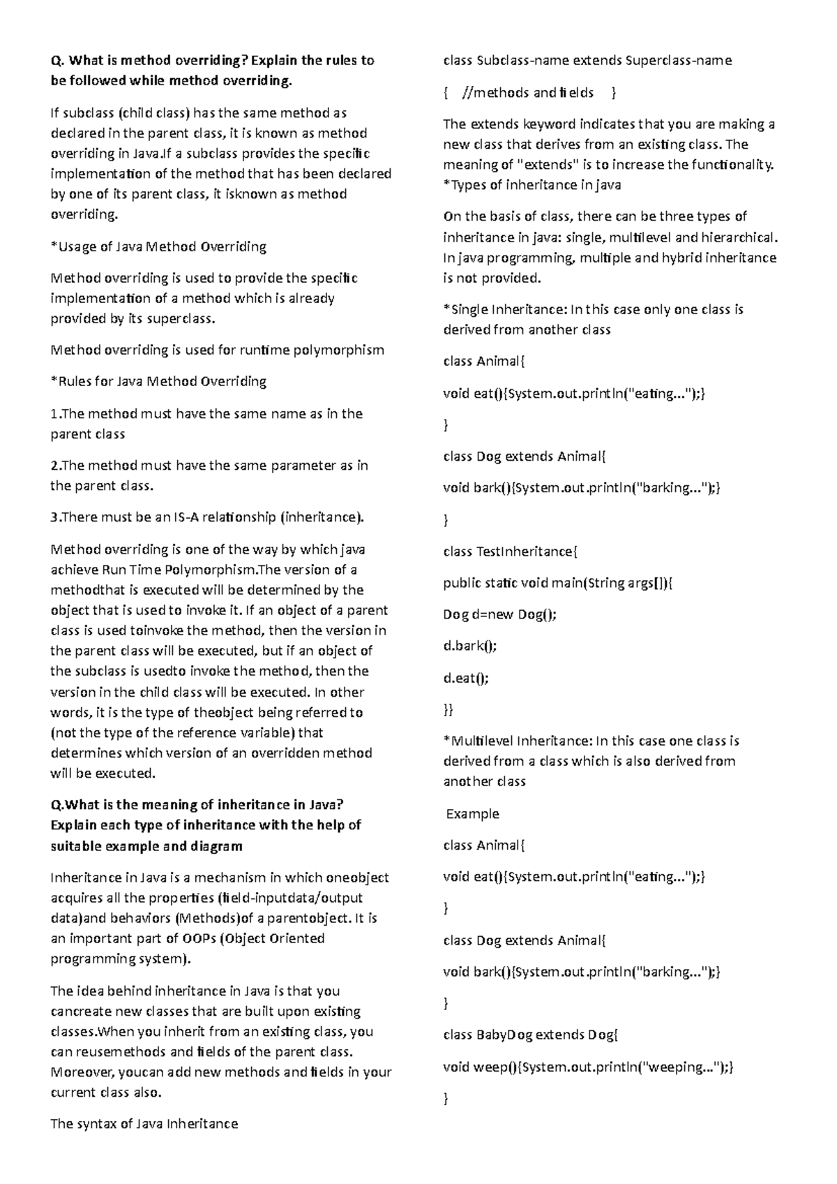 Java Method Overriding and Inheritance Concepts - Micro 123 - Studocu