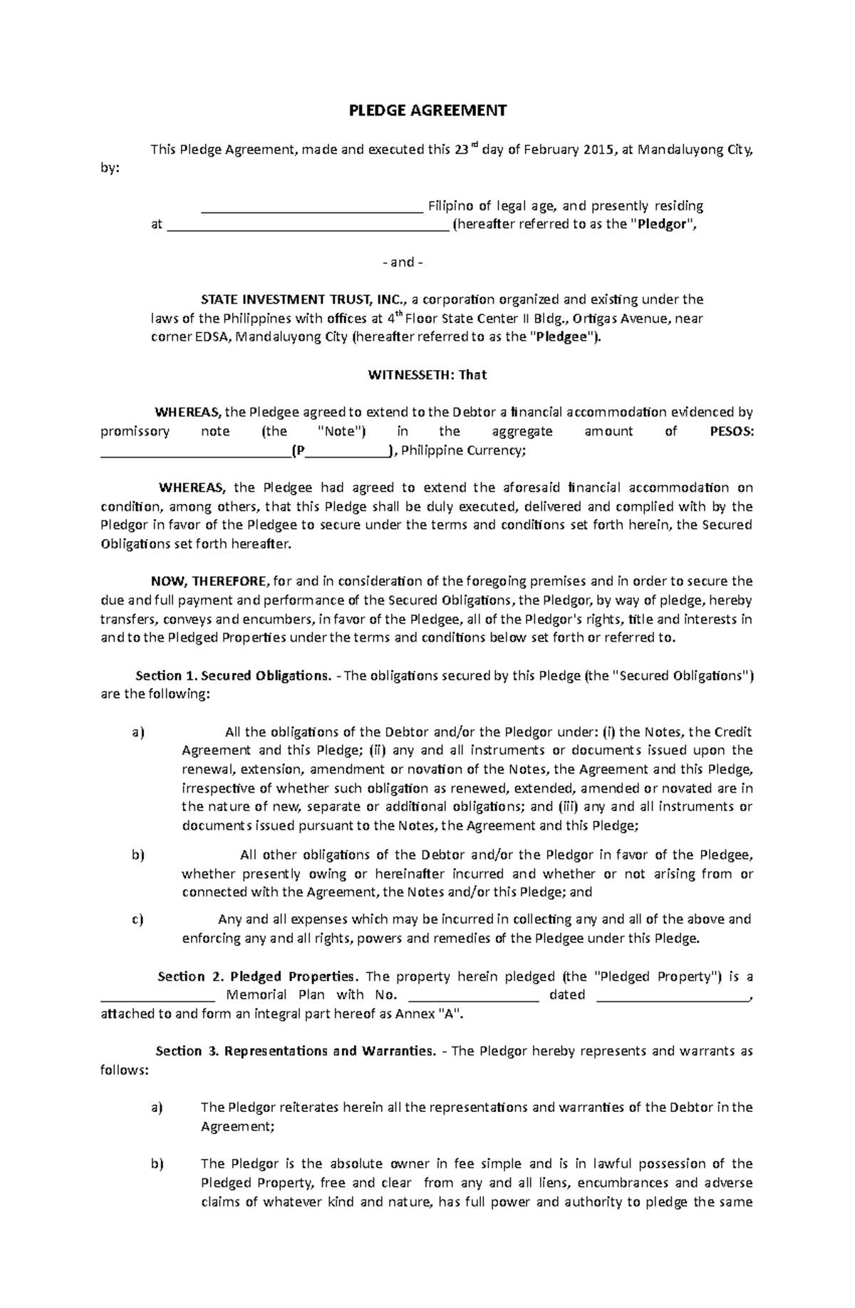 Pledge Agreement Example for Legal Documentation - Studocu