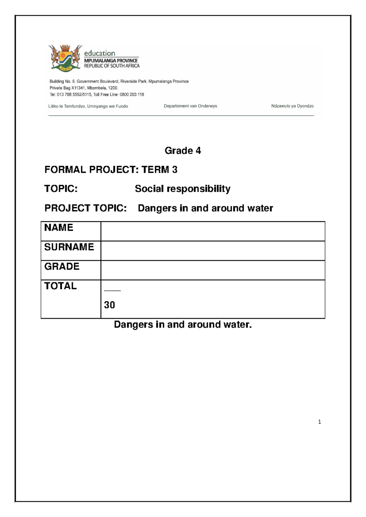Grade 4 Term 3 Project: Social Responsibility on Water Safety - Studocu