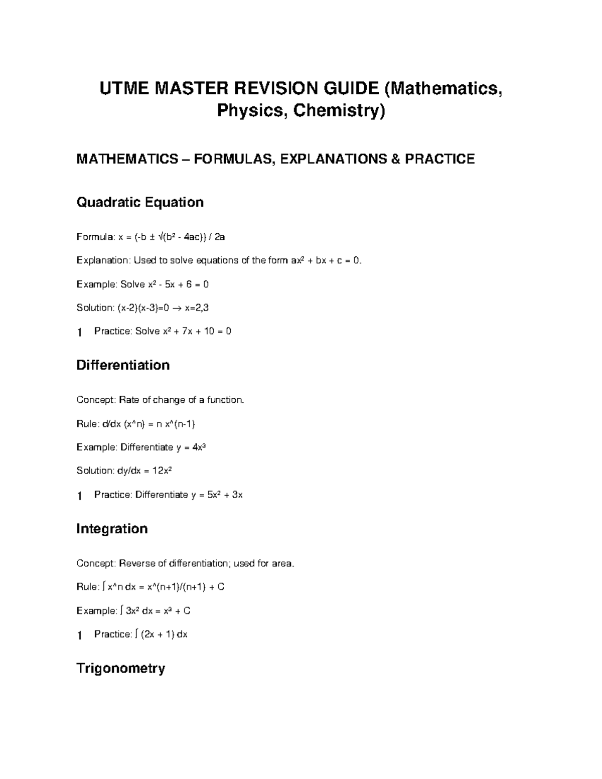 UTME Master Revision Guide: Math, Physics & Chemistry Formulas - Studocu