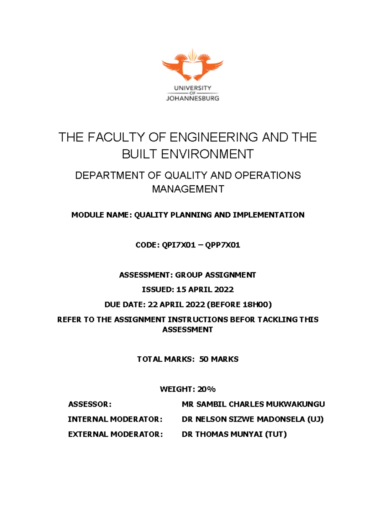 QPI Group Assignment (April 2022)- Question Paper - UJ - Studocu