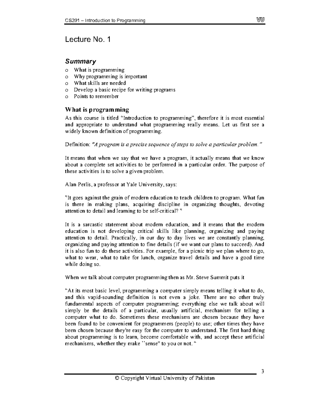 CS201 Introduction to Programming Lecture 1 Summary: Key Concepts and Skills - Studocu