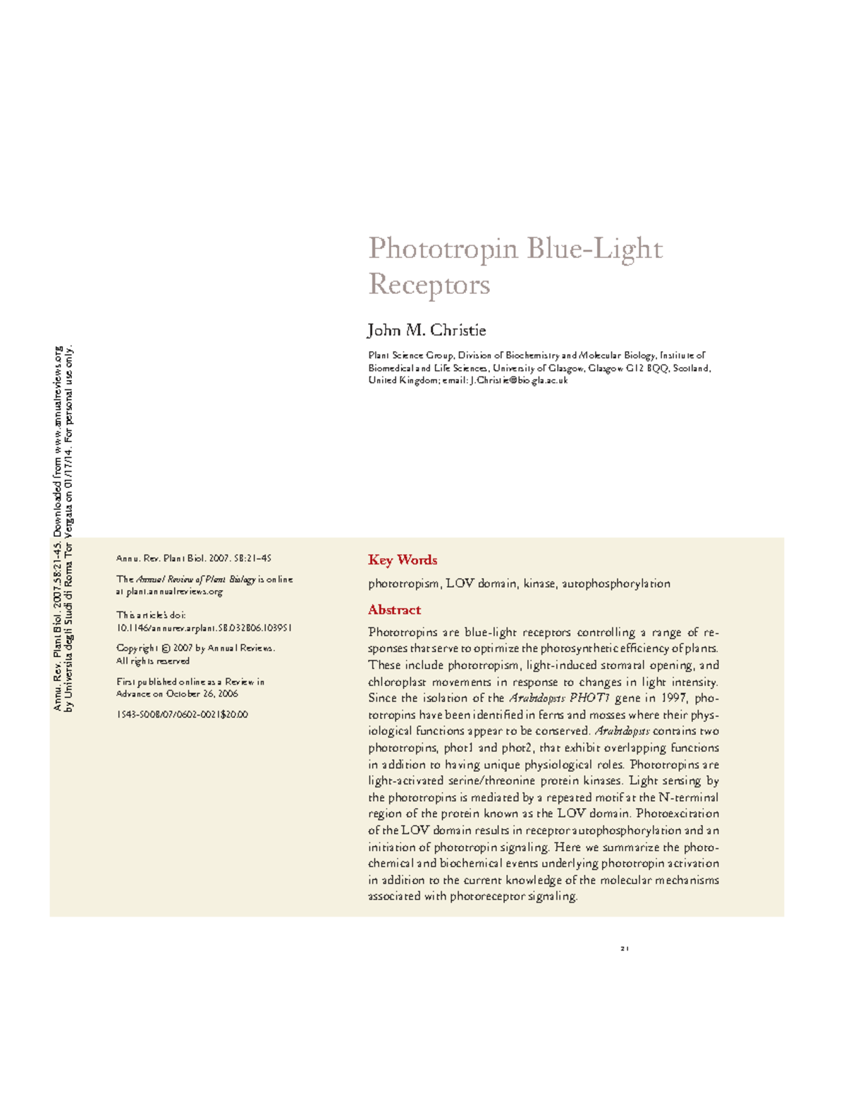 Phototropin Blue-Light Receptors: Advances and Mechanisms (557UU68Q28 ...