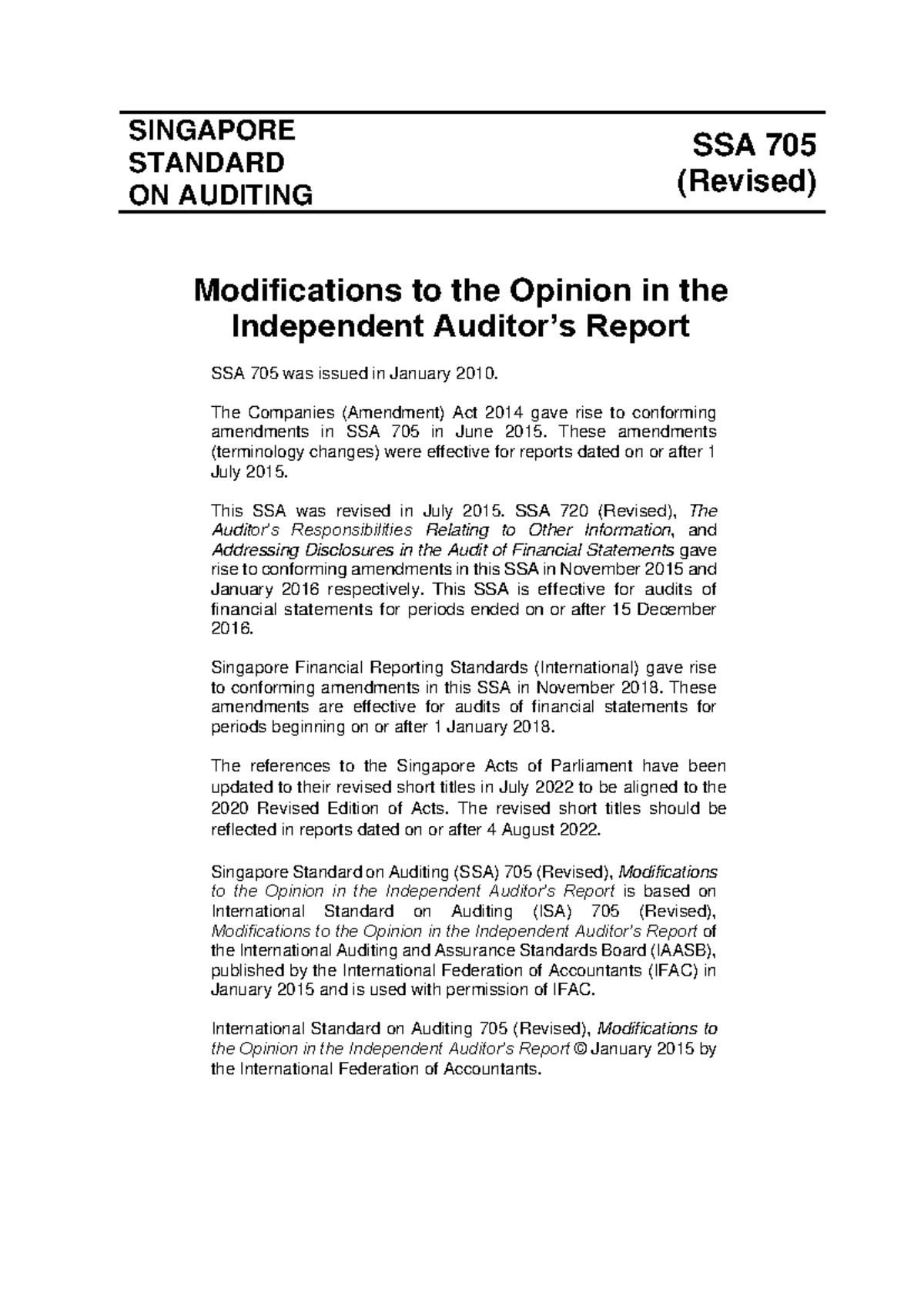 Singapore Standard on Auditing SSA 705 (Revised): Modifications to ...