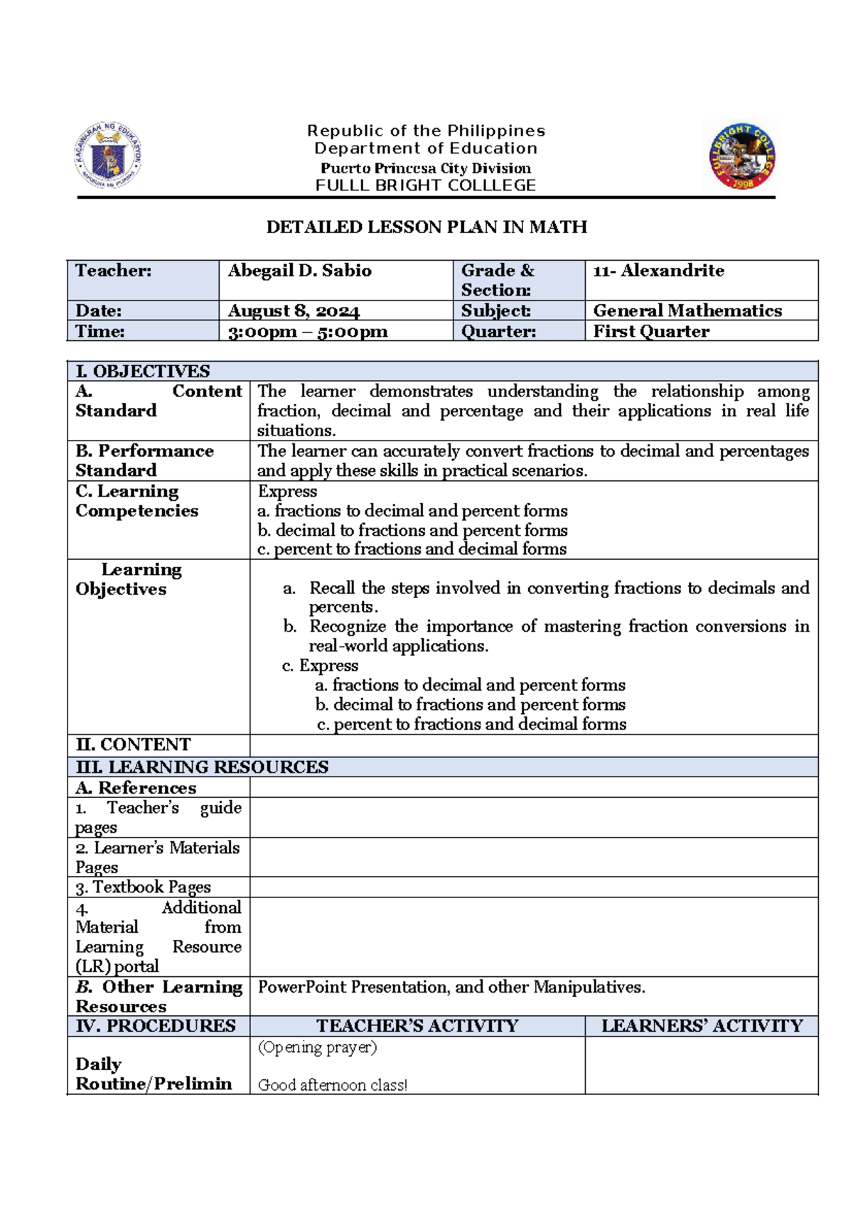 DLP-IN-MATH: Detailed Lesson Plan on Fractions, Decimals, and ...