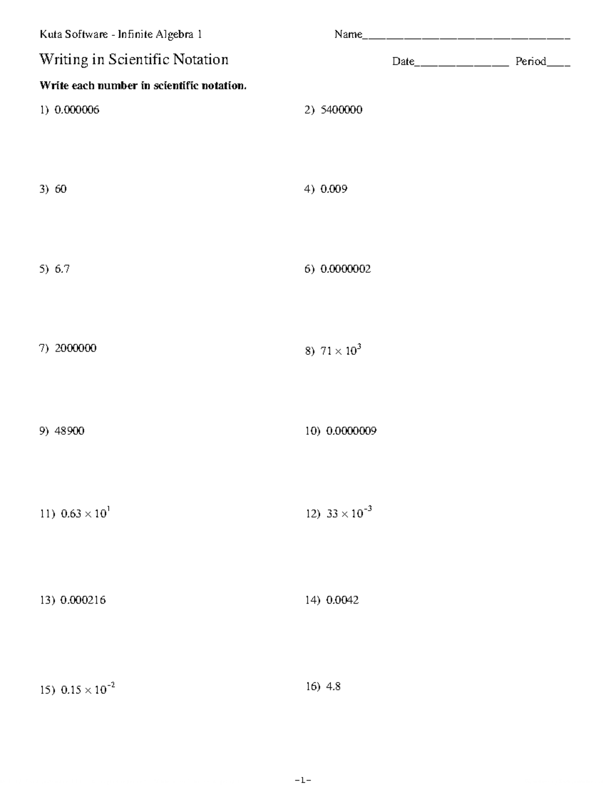 Writing in Scientific Notation Worksheet (Algebra 1) - Studocu