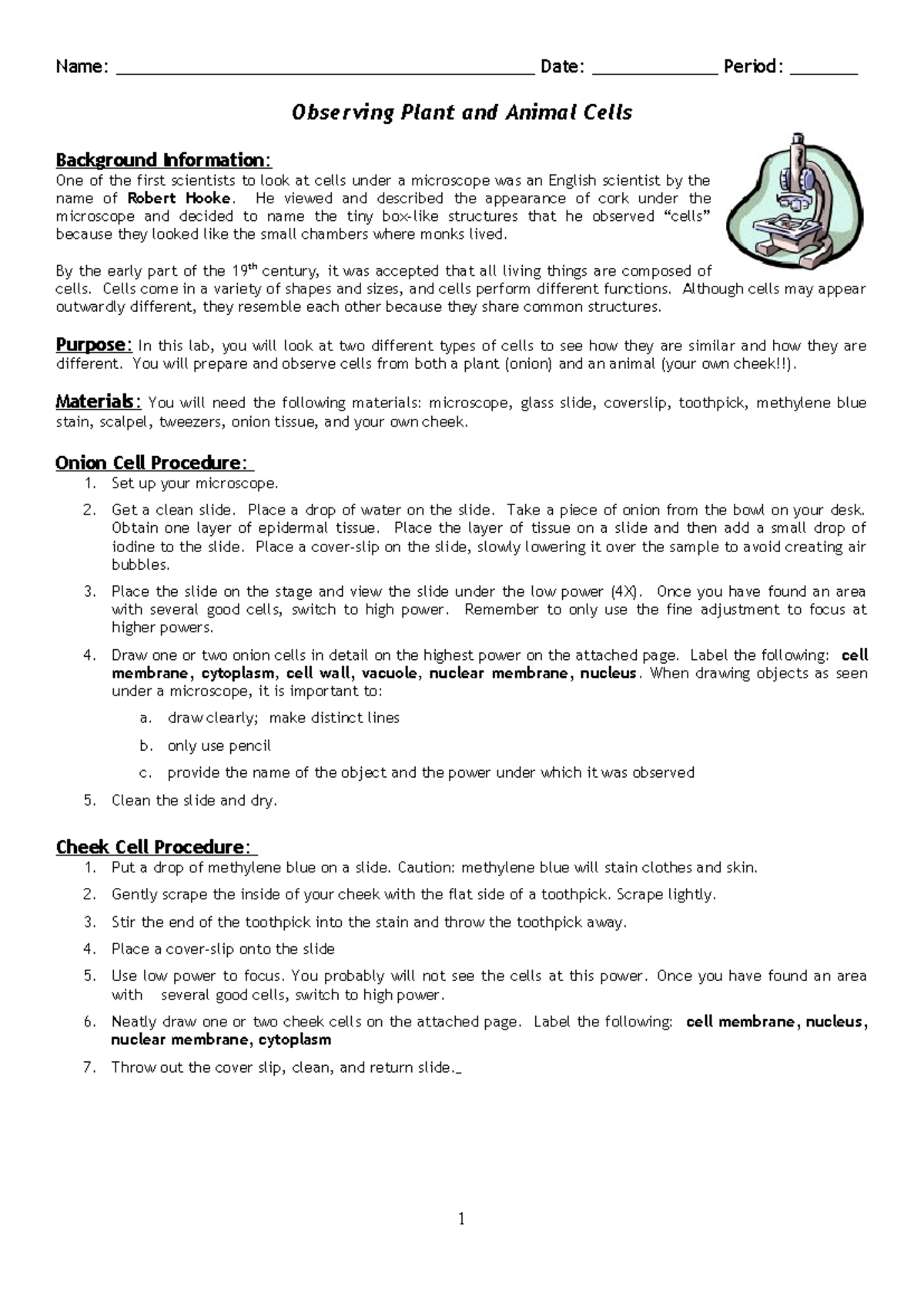 Cheek and Onion Cell Lab (BIO101): Microscope Observation Activity ...